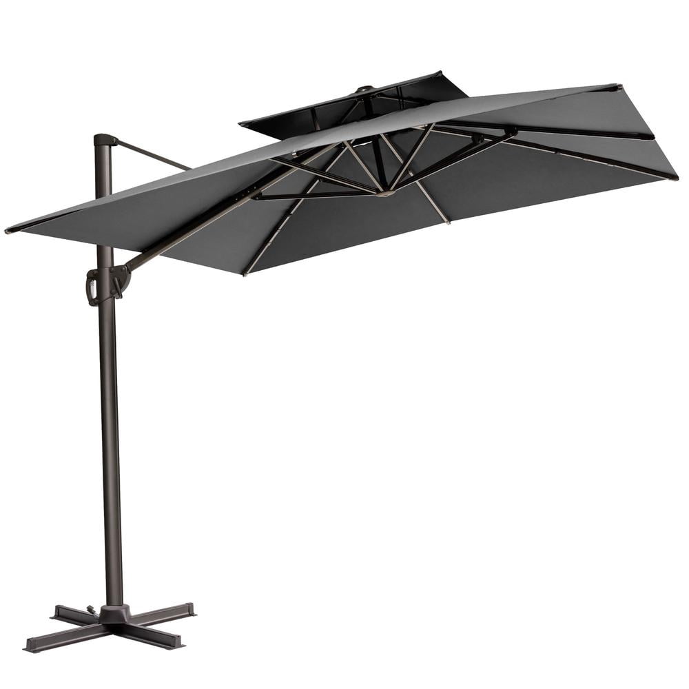 11' Dark Gray Polyester Round Tilt Cantilever Patio Umbrella With Stand ...