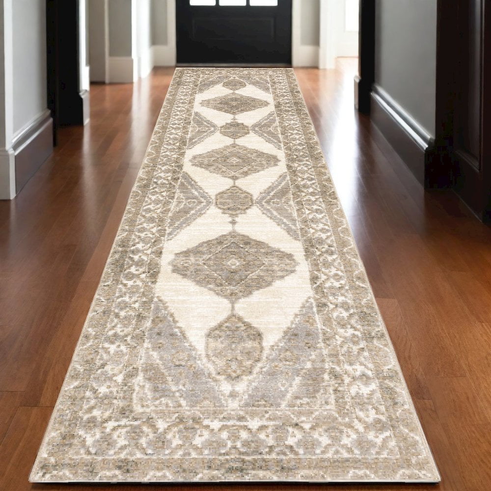 HomeRoots 12' Runner Beige And Ivory Oriental Power Loom Runner Rug ...
