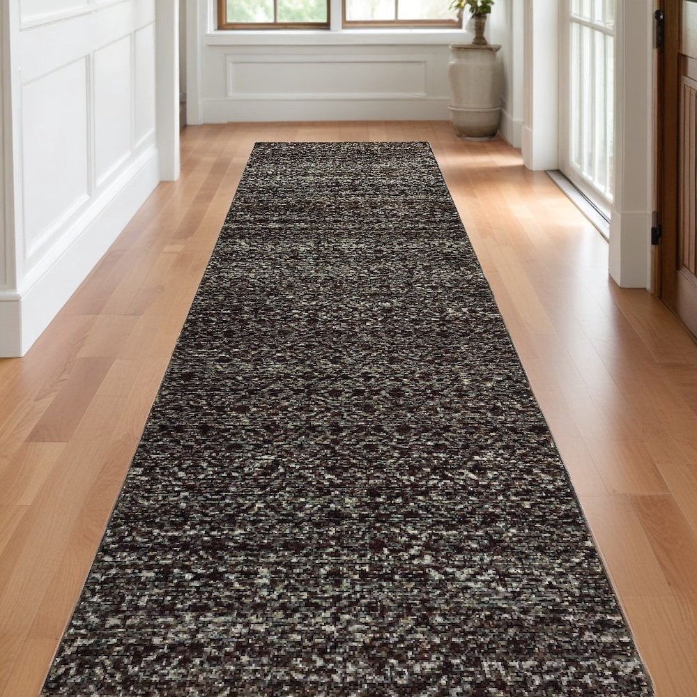 HomeRoots 12' Runner Charcoal Grey And Brown Geometric Power Loom ...