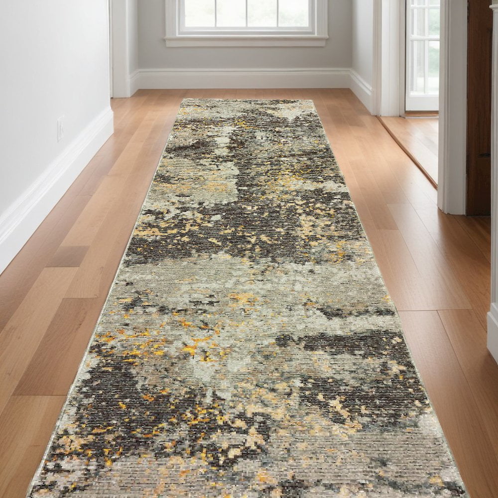 HomeRoots 12' Runner Grey And Gold Abstract Power Loom Runner Rug ...