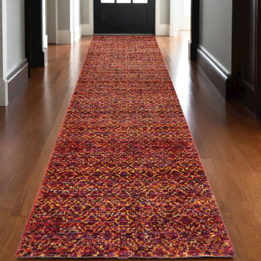 HomeRoots 12' Runner Red Gold And Blue Geometric Power Loom Runner Rug ...