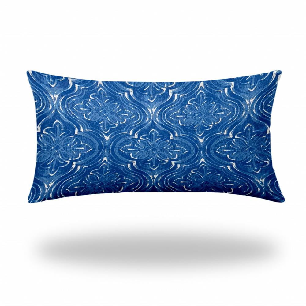 HomeRoots 14" X 24" Blue And White Blown Seam Ikat Lumbar Indoor ...