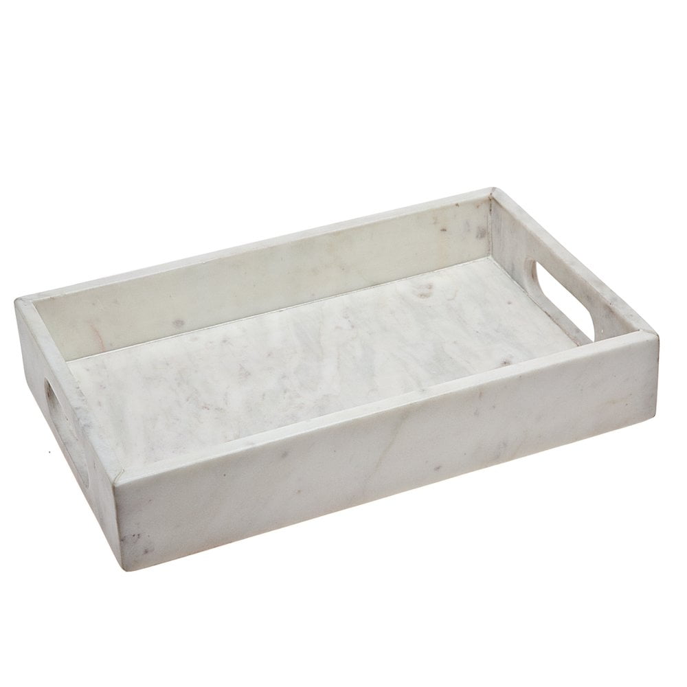 HomeRoots 16" White Rectangular Marble Serving Tray With Handles ...