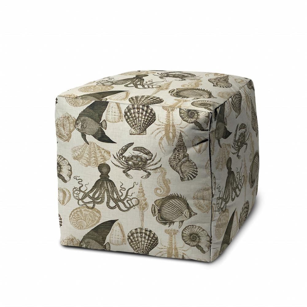 HomeRoots 17" Beige and Gray Polyester Cube Coastal Indoor Outdoor Pouf ...