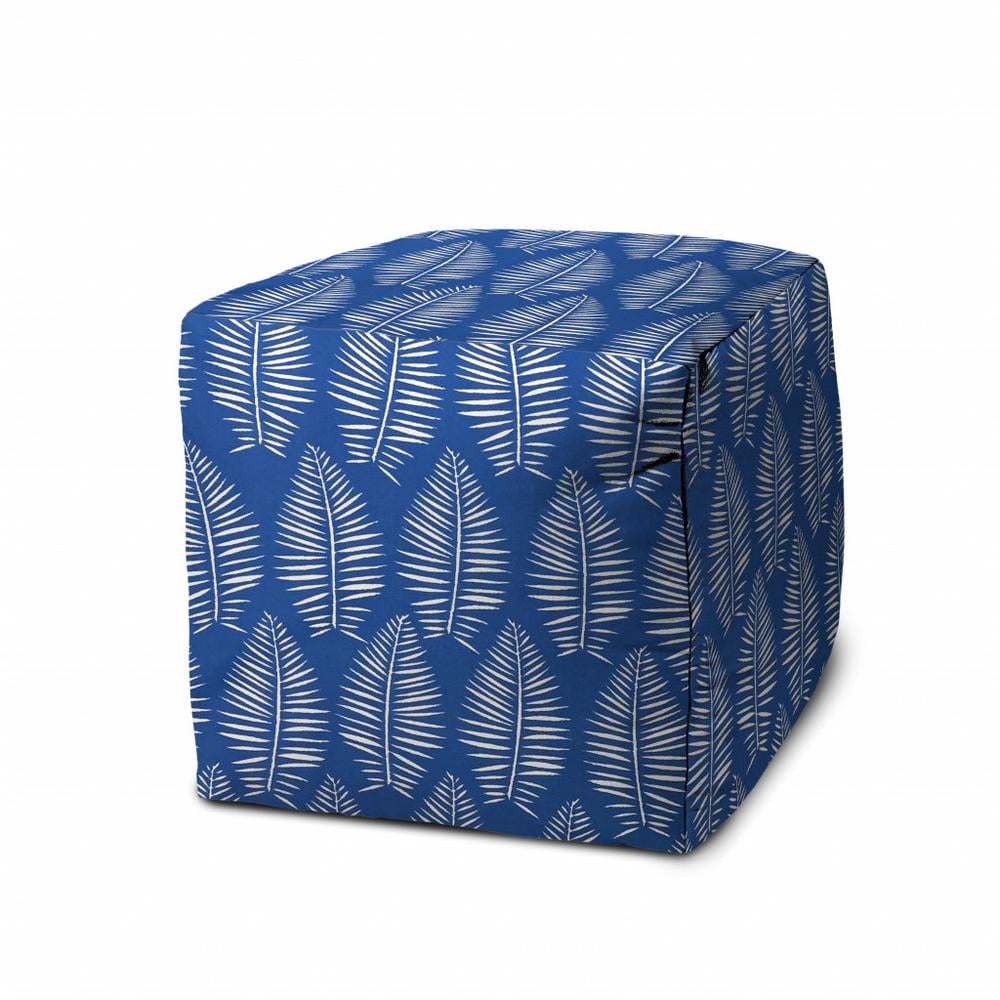 HomeRoots 17" Blue and White Polyester Cube Floral Indoor Outdoor Pouf ...