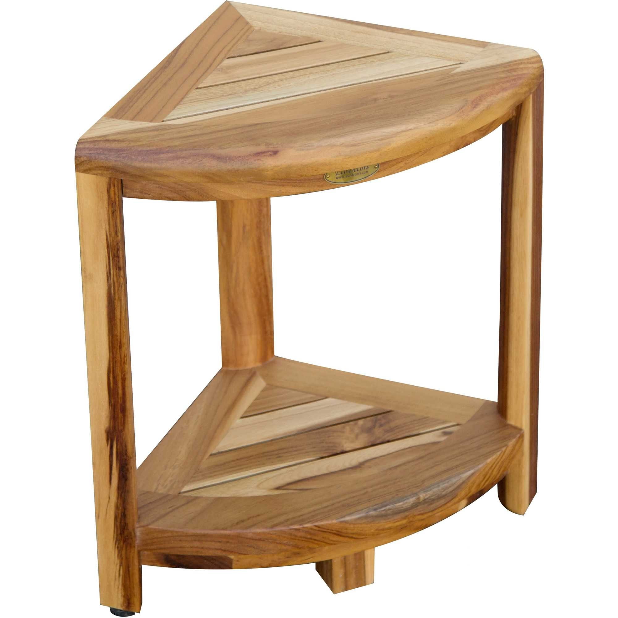 HomeRoots 17" Compact Teak Corner Shower Stool With Shelf In Natural ...