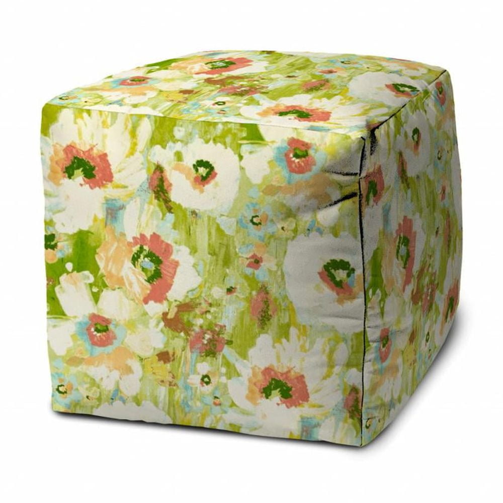 HomeRoots 17" Green Polyester Cube Floral Indoor Outdoor Pouf Ottoman ...