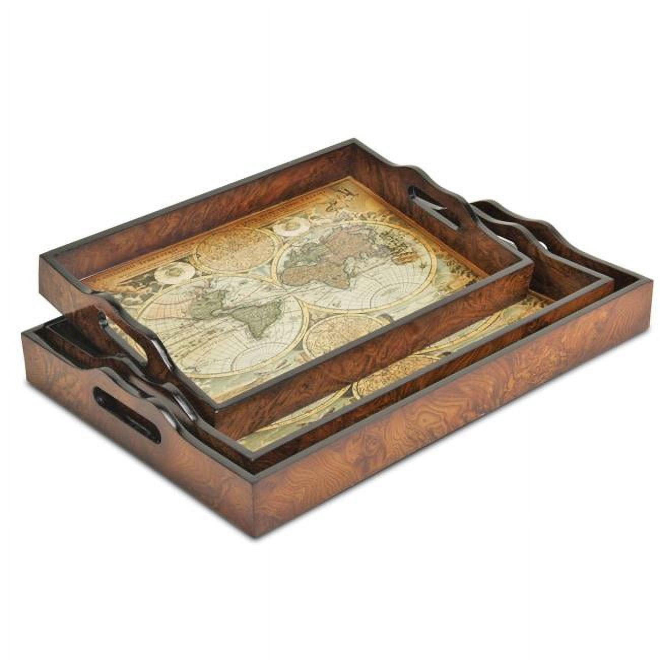 Set Of Three 19 Brown Burl Wood Vintage Map Design Handmade Trays With ...