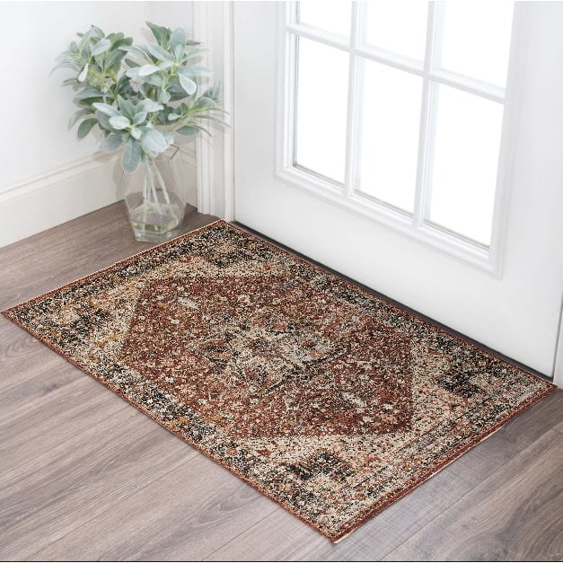 HomeRoots 2' X 3' Red Ivory And Black Abstract Distressed Area Rug With ...