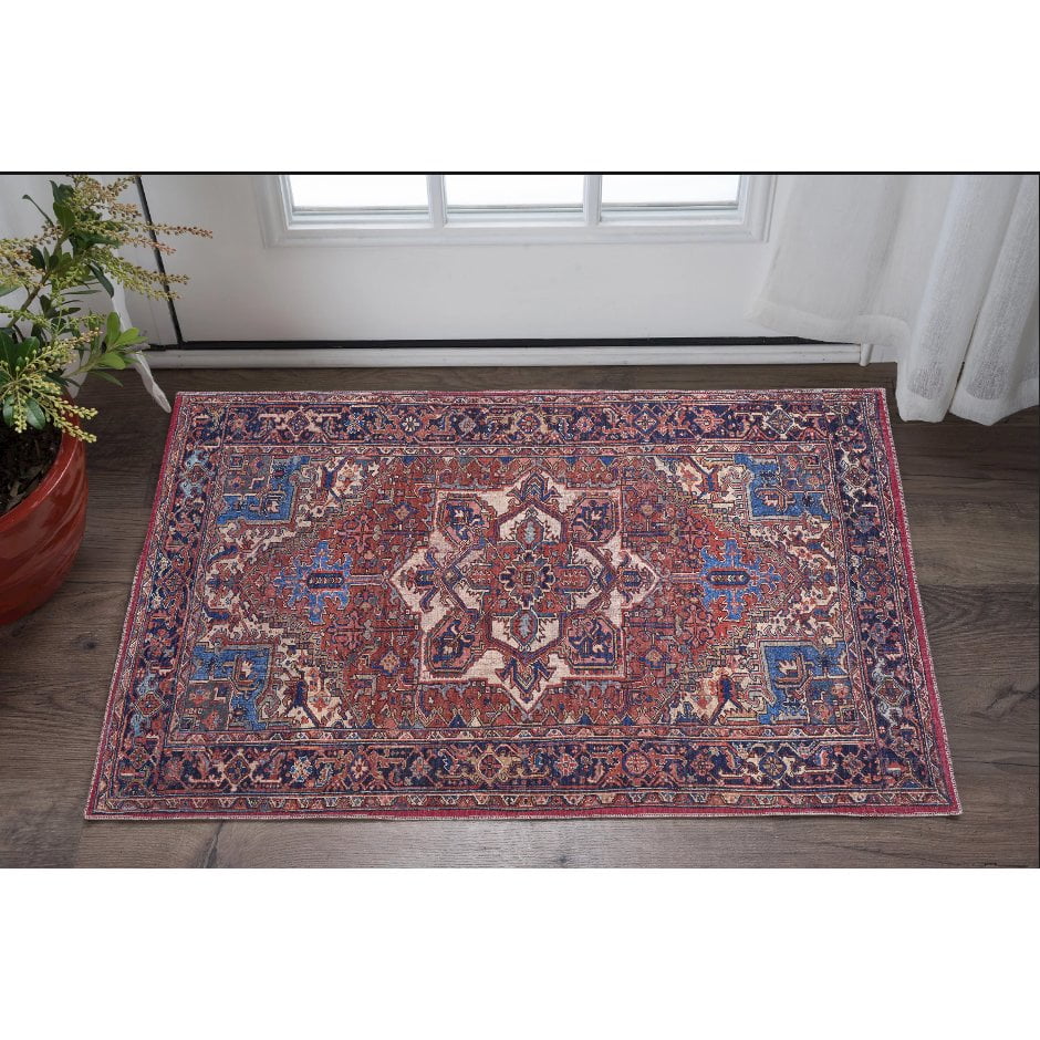 HomeRoots 2' X 3' Red Tan And Blue Floral Power Loom Area Rug - Walmart.com