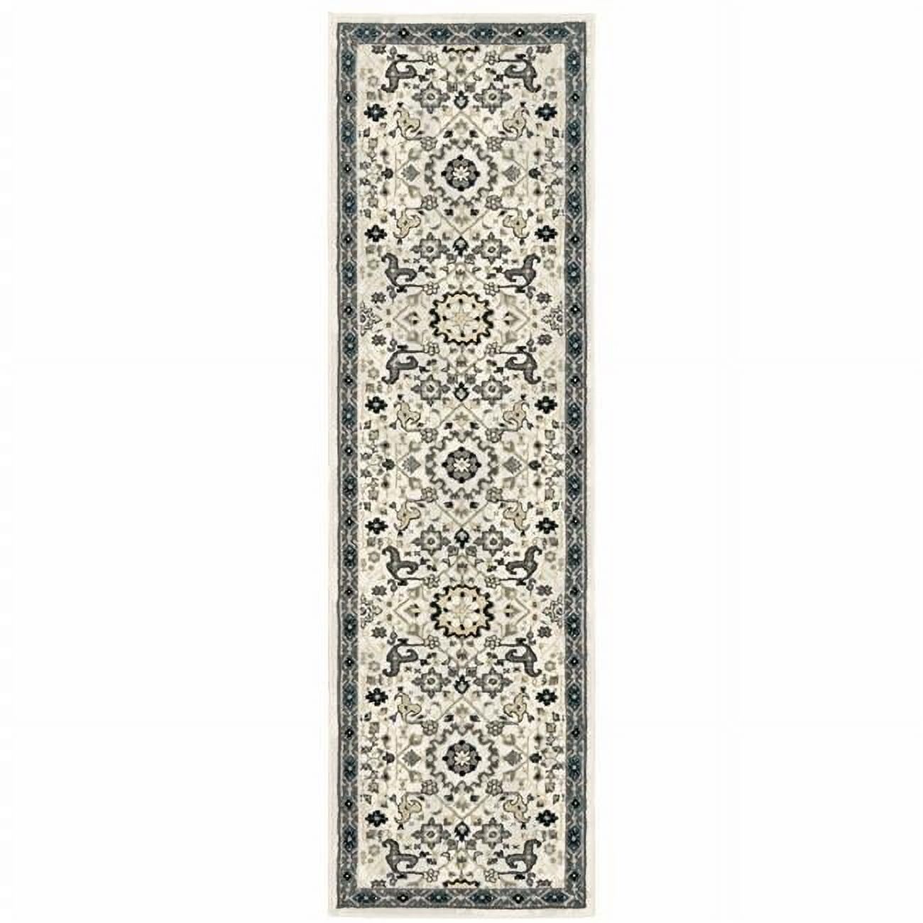 HomeRoots 508362 2 x 8 ft. Ivory Navy & Gold Oriental Power Loom Stain ...