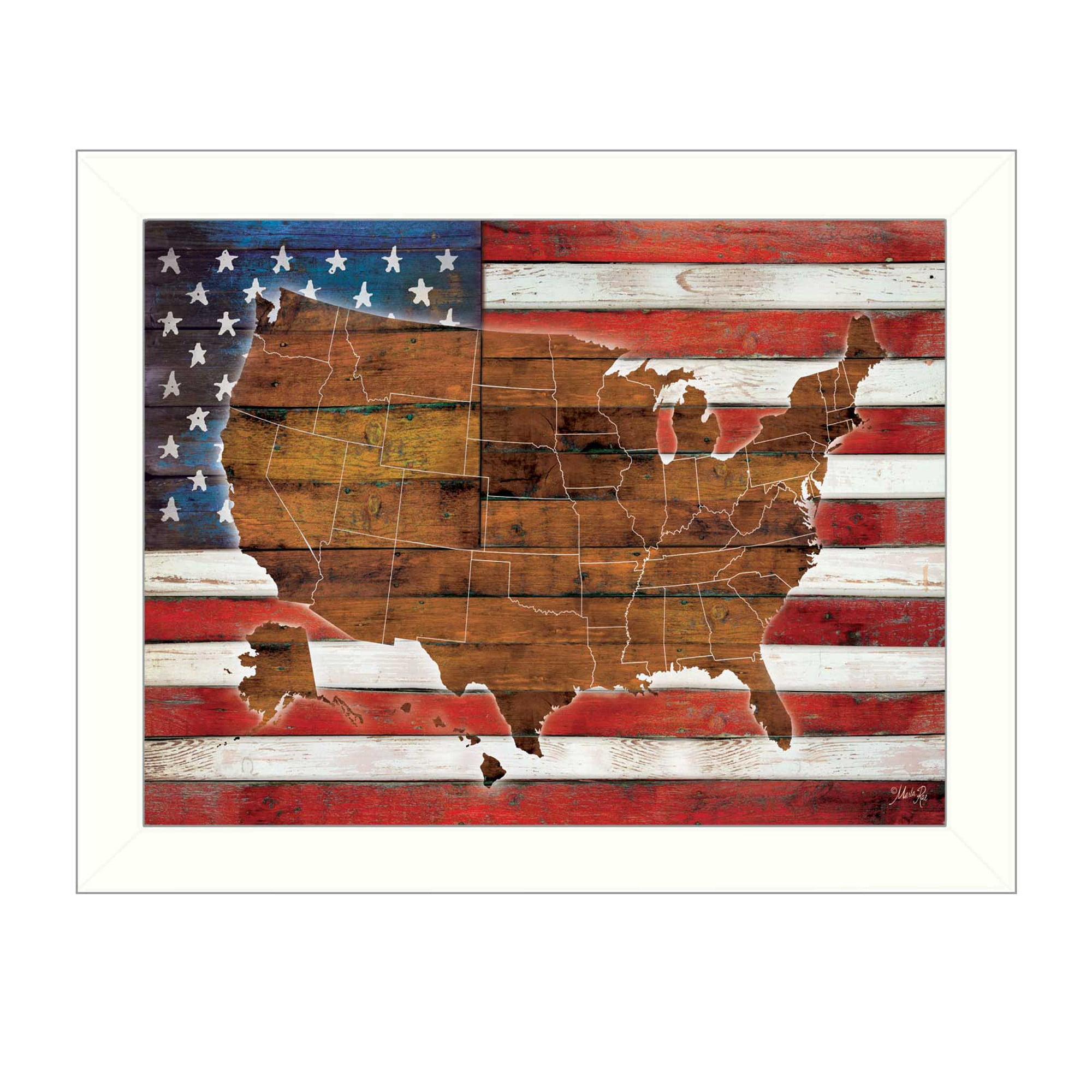 HomeRoots 20 x 26 x 1 in. American Flag USA Map White Framed Print Wall ...