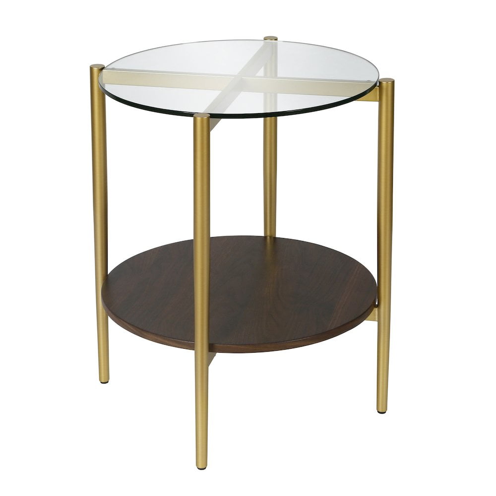 HomeRoots 22" Gold And Clear Glass And Steel Round End Table With Shelf ...