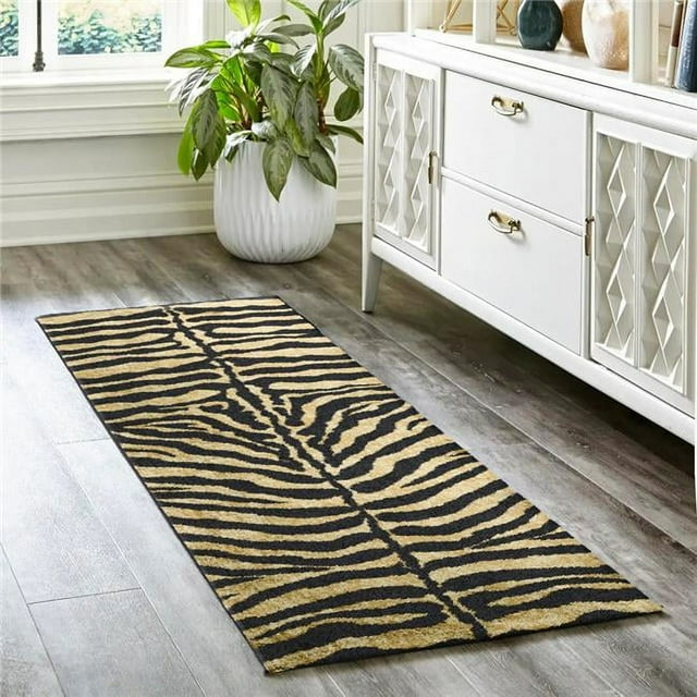 HomeRoots 3 x 8 ft. Black & Gold Animal Print Shag Handmade Non Skid ...