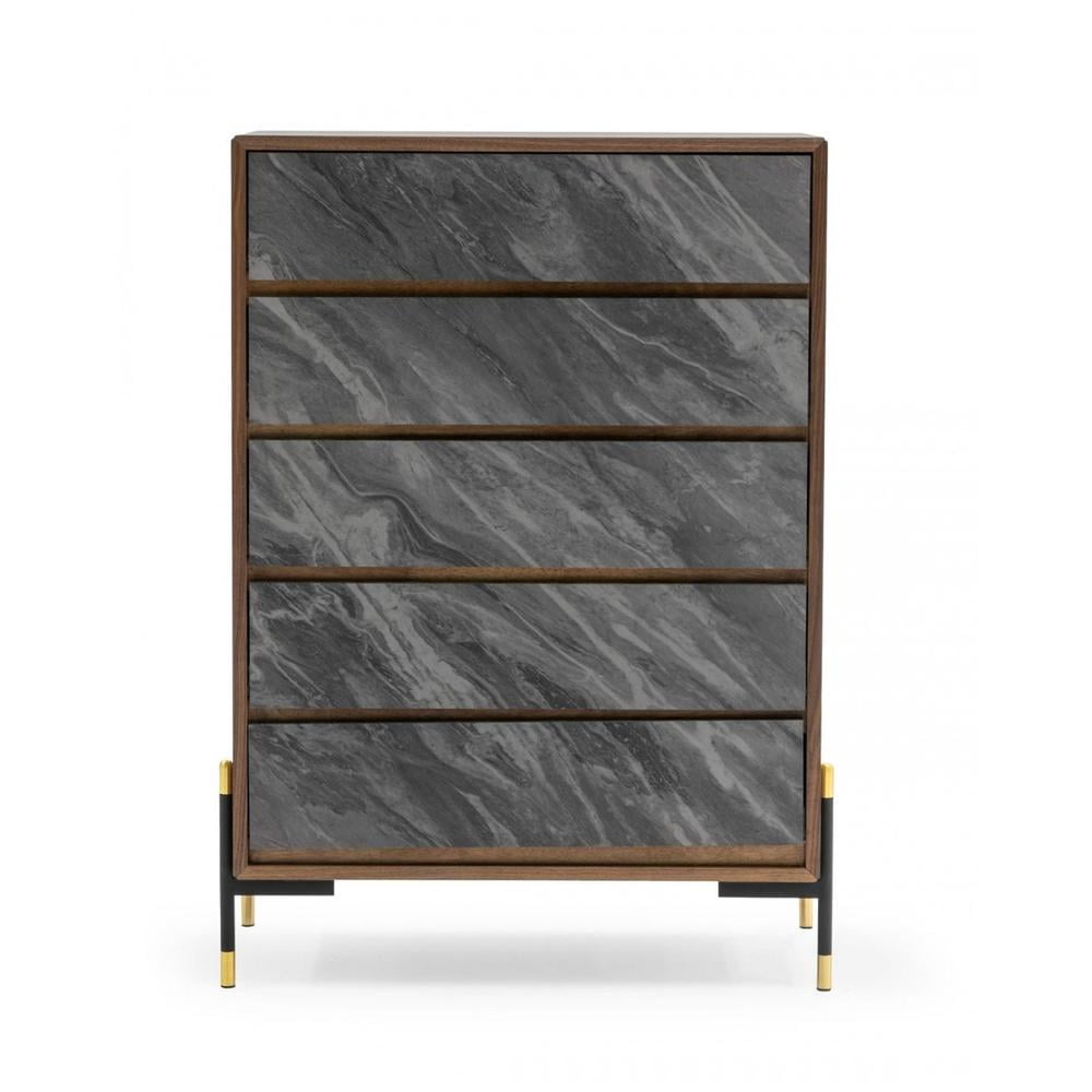 HomeRoots 30" Walnut And Grey Manufactured Wood Five Drawer Chest ...