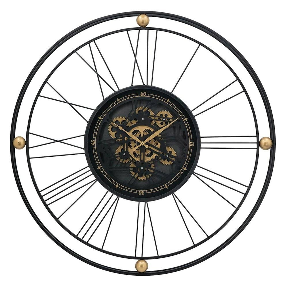 HomeRoots 32" Circle Black And Gold Metal And Glass Analog Exposed Gear ...