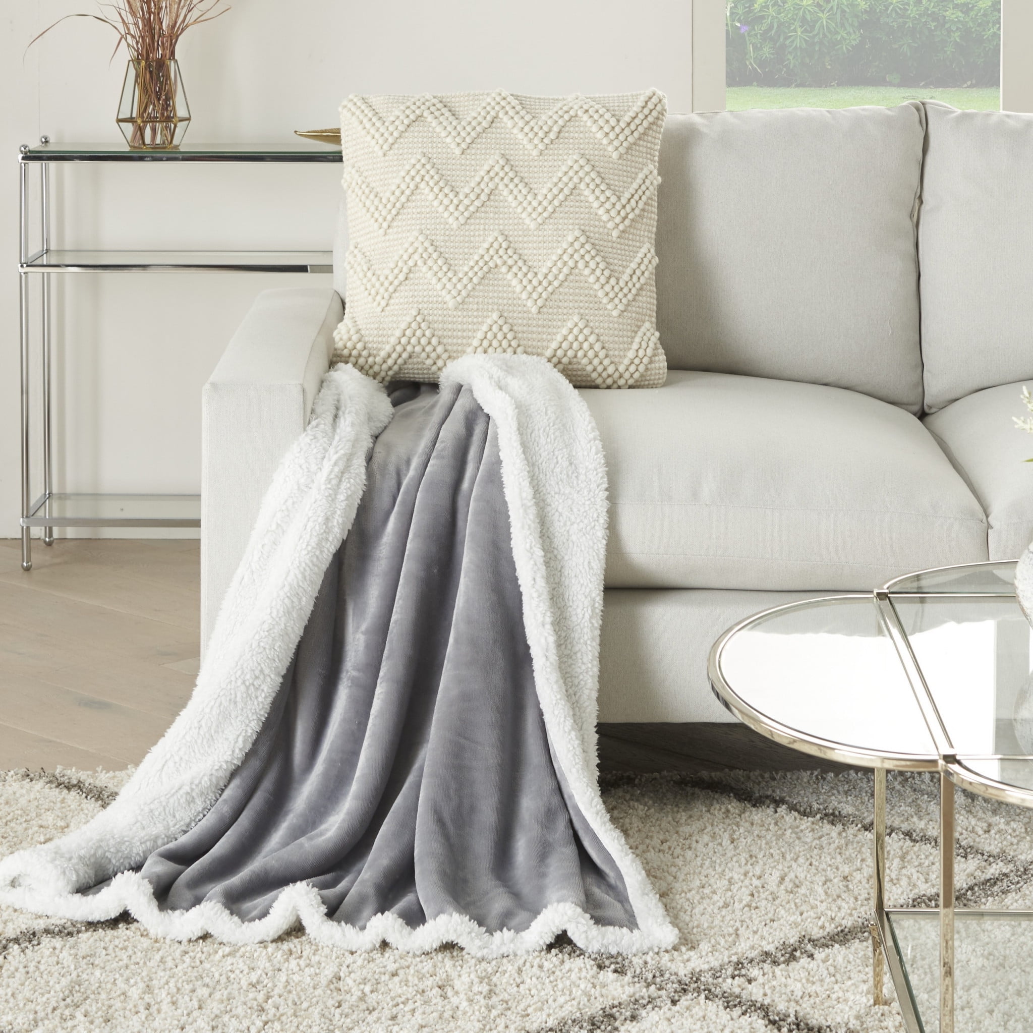 Boho Light Gray Fleece and Sherpa Accent Throw - Walmart.com