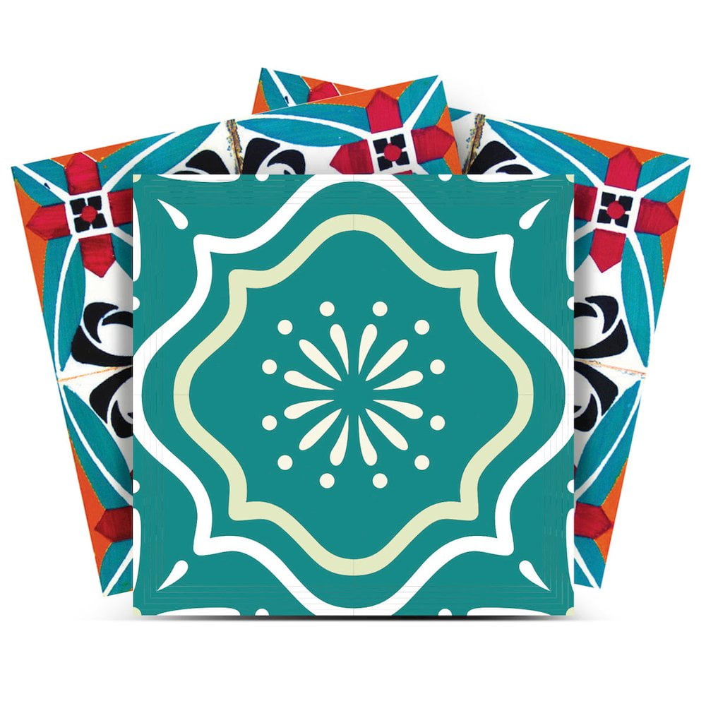 HomeRoots 4" X 4" Turq And Terra Cotta Scroll Peel And Stick Removable ...