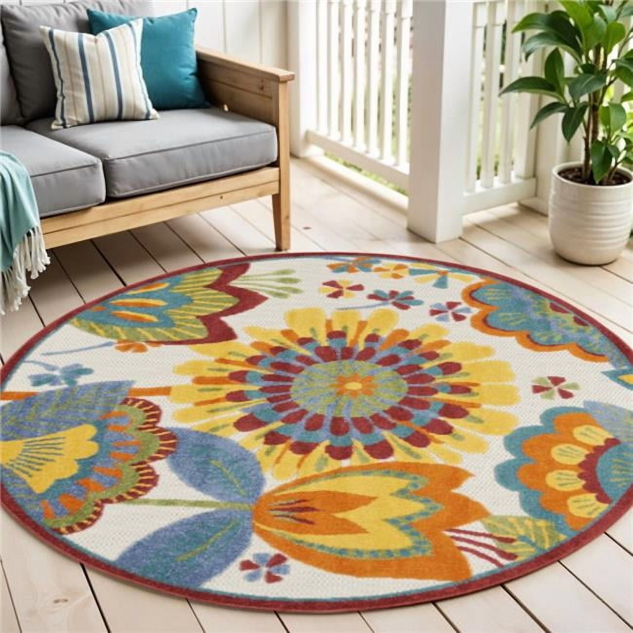 HomeRoots 546842 4 ft. Ivory Blue Orange Red & Yellow Round Floral ...