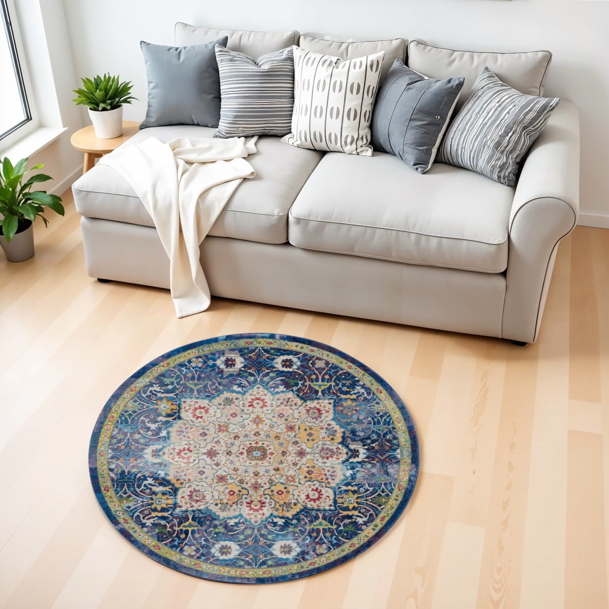4' Navy Blue and Gold Medallion Distressed Non Skid Round Rug - Walmart.com