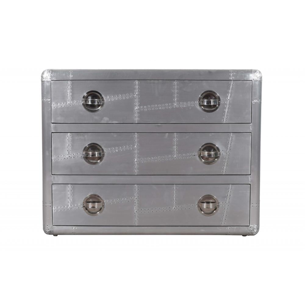 "HomeRoots 42"" Silver Aluminum Three Drawer Standard Dresser, Aviator ...