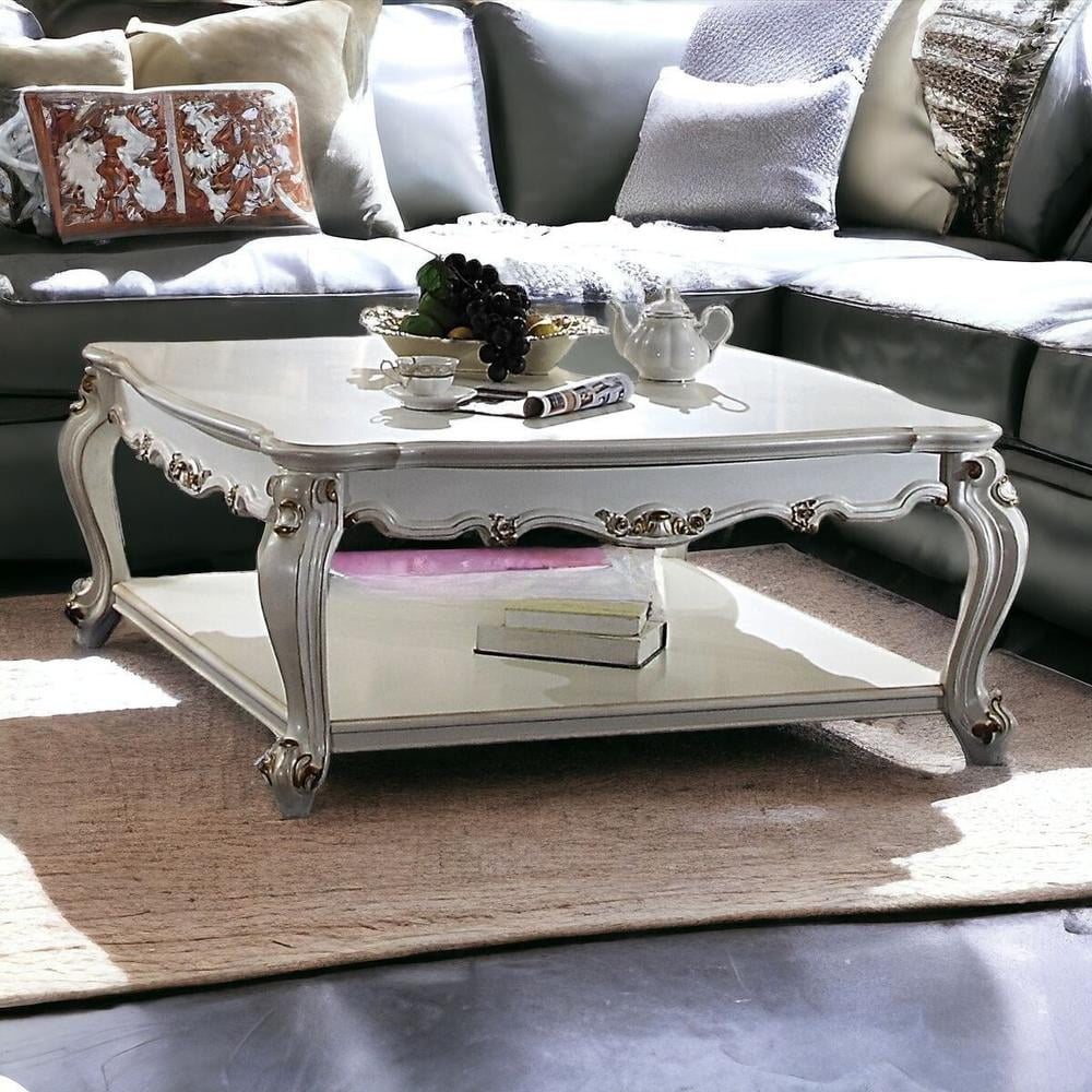 HomeRoots 47" Antique Pearl Solid Wood And Polyresin Rectangular Coffee ...