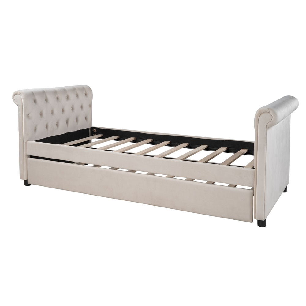 HomeRoots 473795 Twin Size Tufted Beige Upholstered Polyester Blend Bed ...