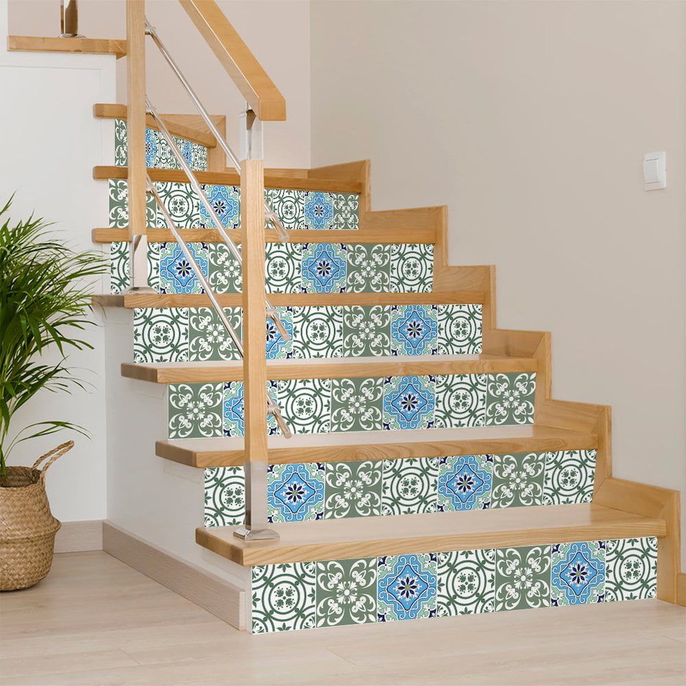 HomeRoots 5" X 5" Sage And Aqua Floral Peel And Stick Removable Tiles ...