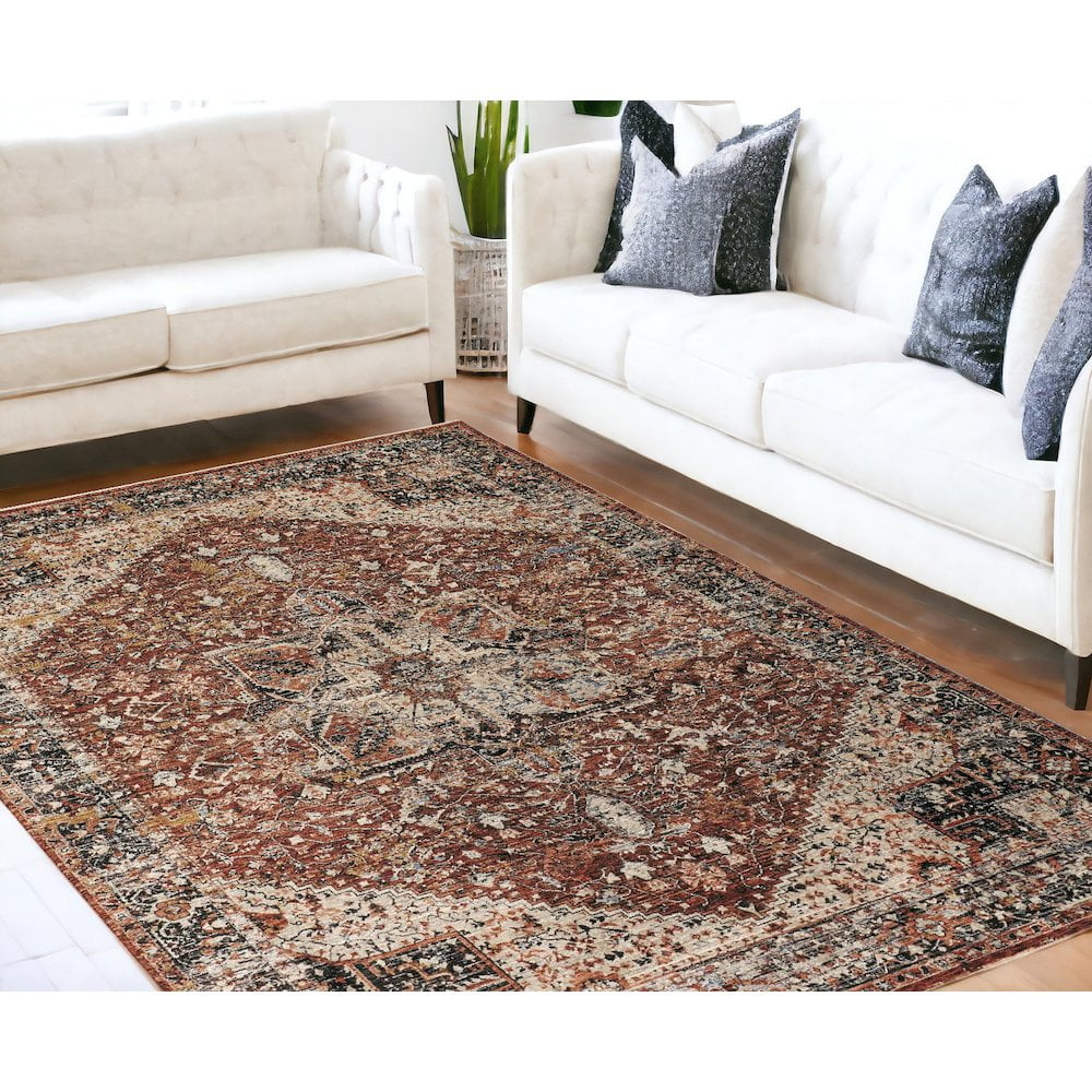 HomeRoots 5' X 8' Red Ivory And Black Abstract Distressed Area Rug With ...