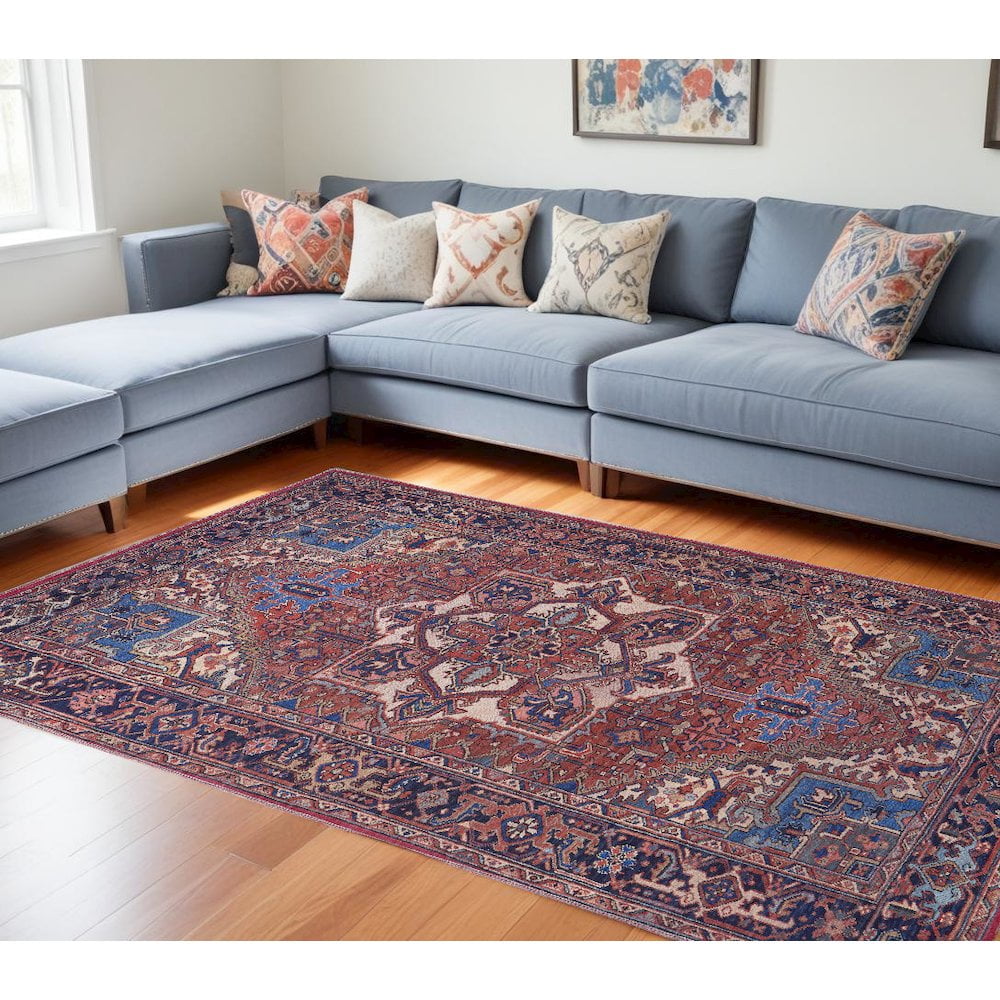 HomeRoots 8' X 10' Red Tan And Blue Floral Power Loom Area Rug ...