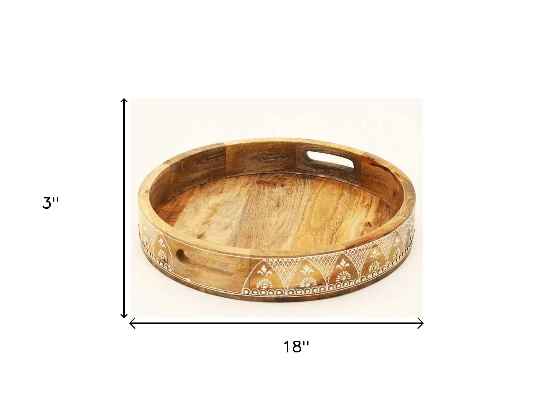 HomeRoots 526351 Natural Round Solid Wood Floral Handmade Serving Tray ...