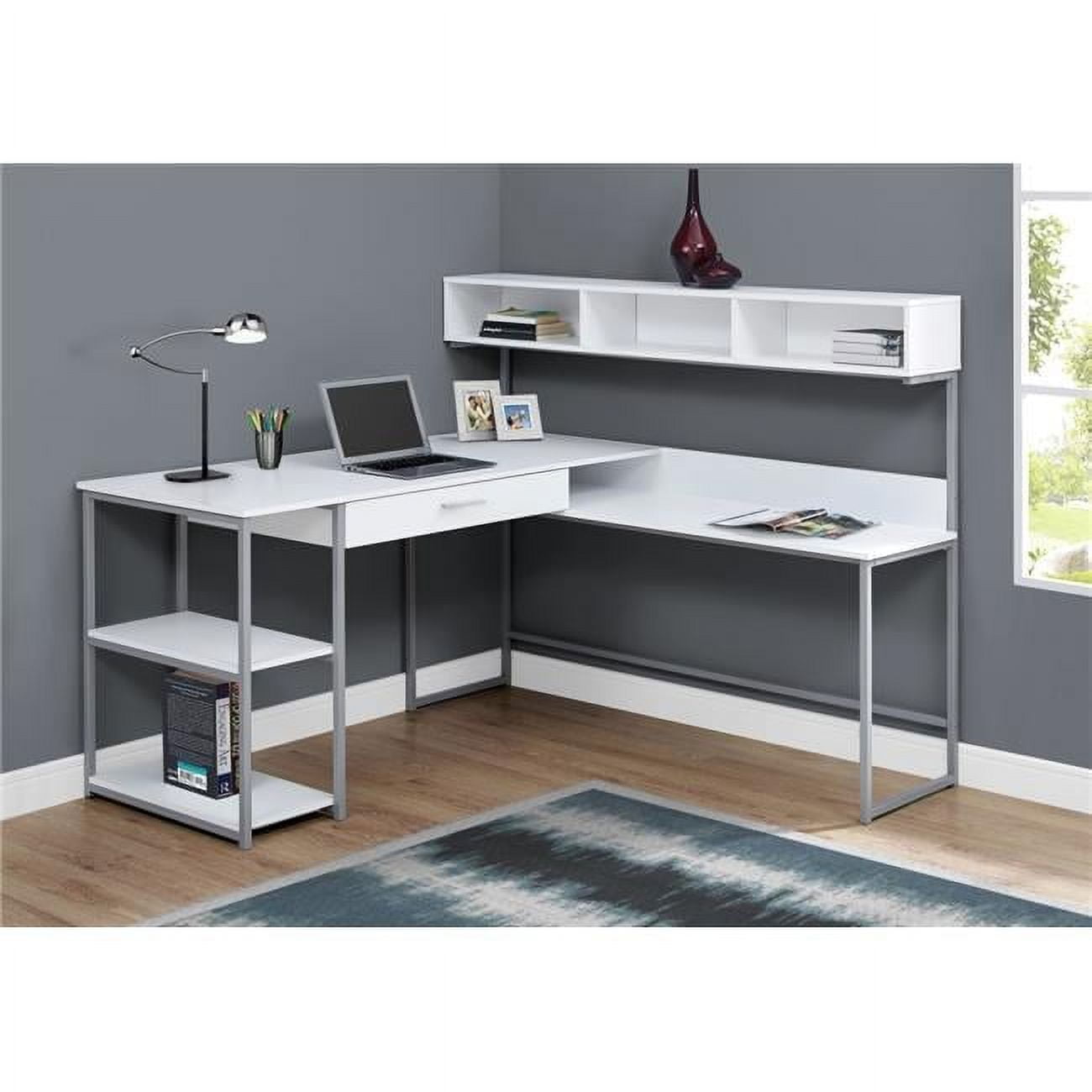 HomeRoots 59" x 59" x 47.25" White Silver Metal Corner Computer Desk ...