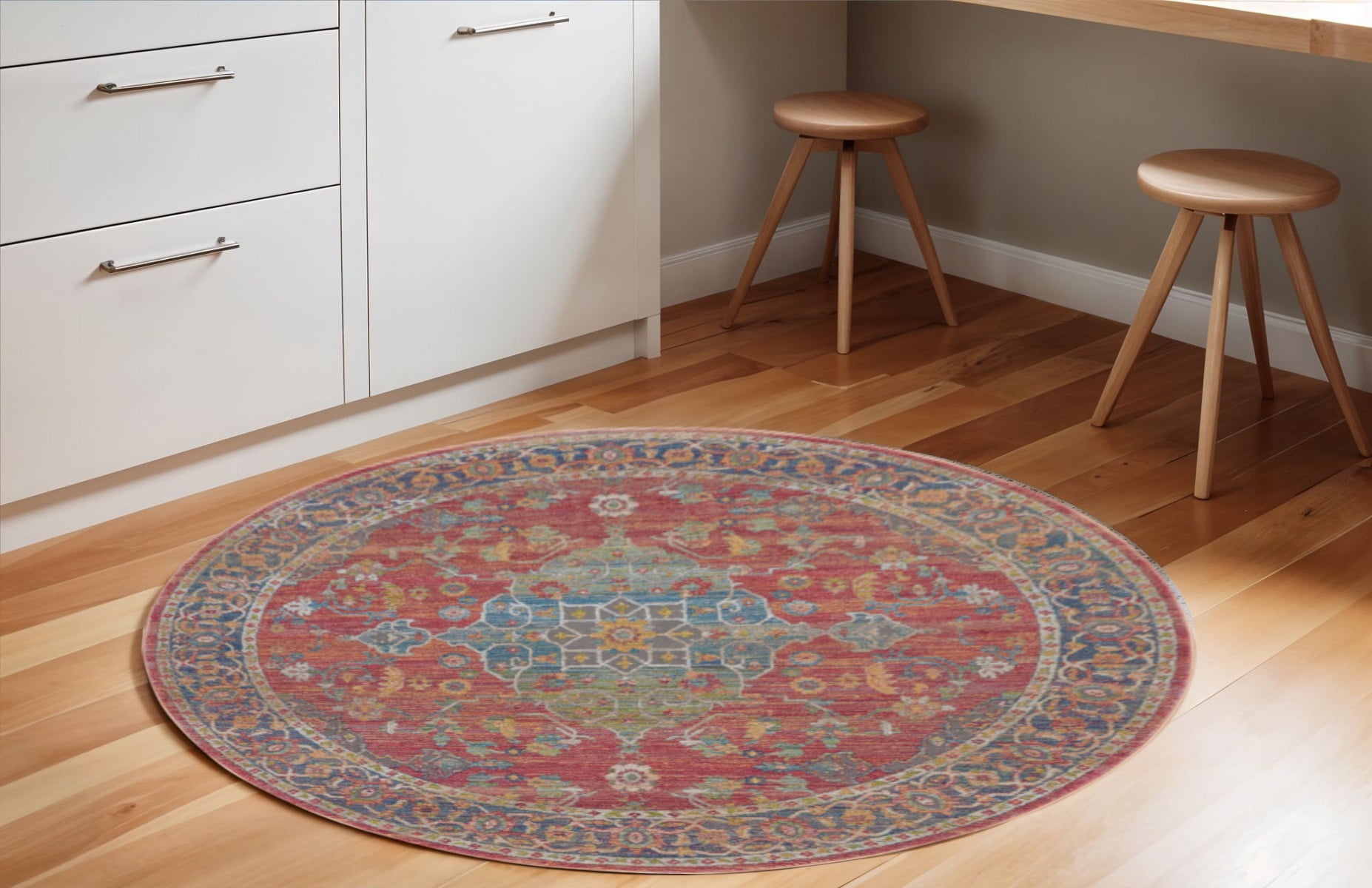 6' Blue and Red Floral Medallion Distressed Non Skid Round Rug ...