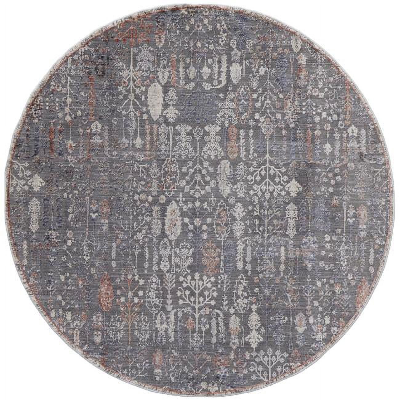 HomeRoots 6 ft. Gray Ivory & Orange Floral Power Loom Round Area Rug ...