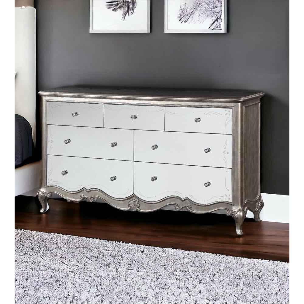 HomeRoots 70" Antique Champagne Mirrored Seven Drawer Triple Dresser ...