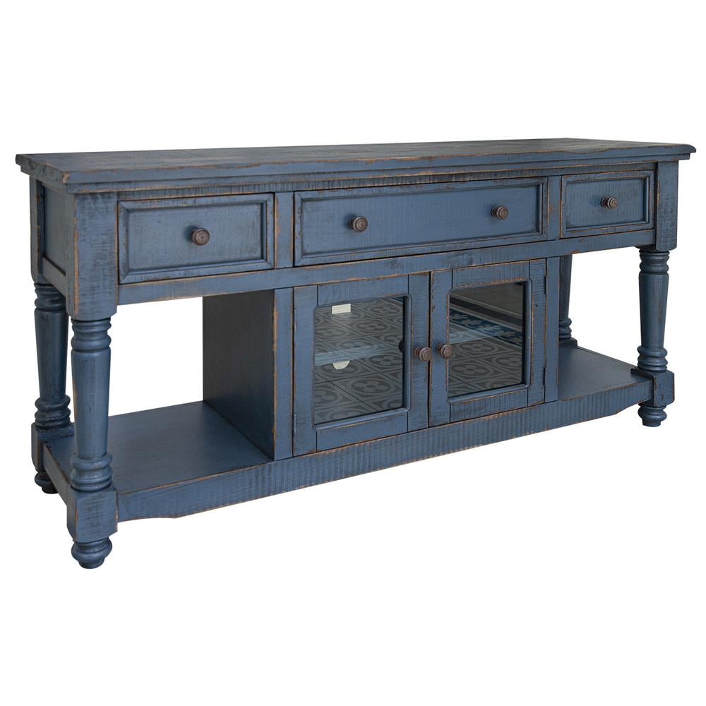 HomeRoots 70" Blue Solid Wood Open shelving Distressed TV Stand ...