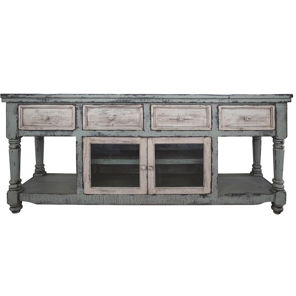 HomeRoots 70" Blue and White Solid Wood Open shelving Distressed TV ...