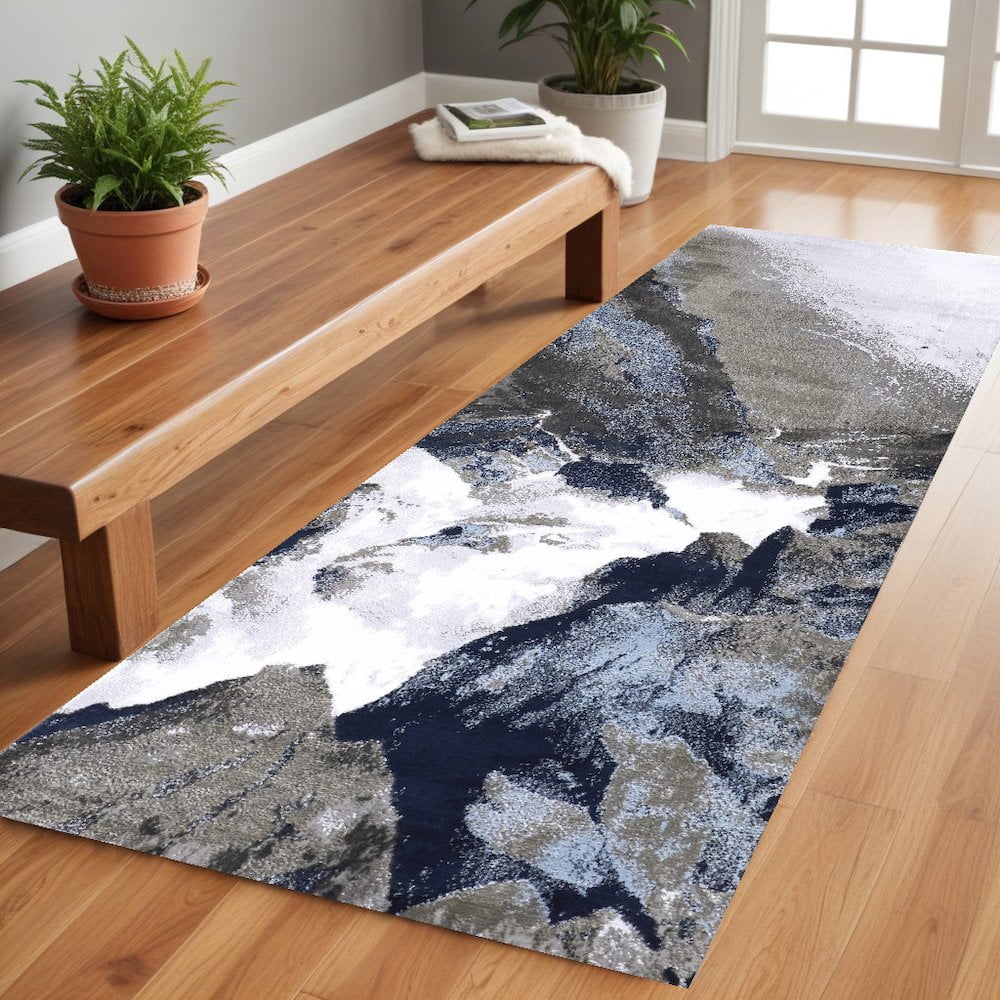HomeRoots 8' Blue Gray And White Abstract Stain Resistant Runner Rug ...