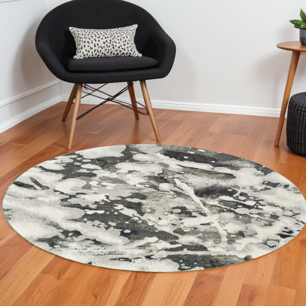 HomeRoots 8' Gray And White Round Abstract Power Loom Area Rug ...