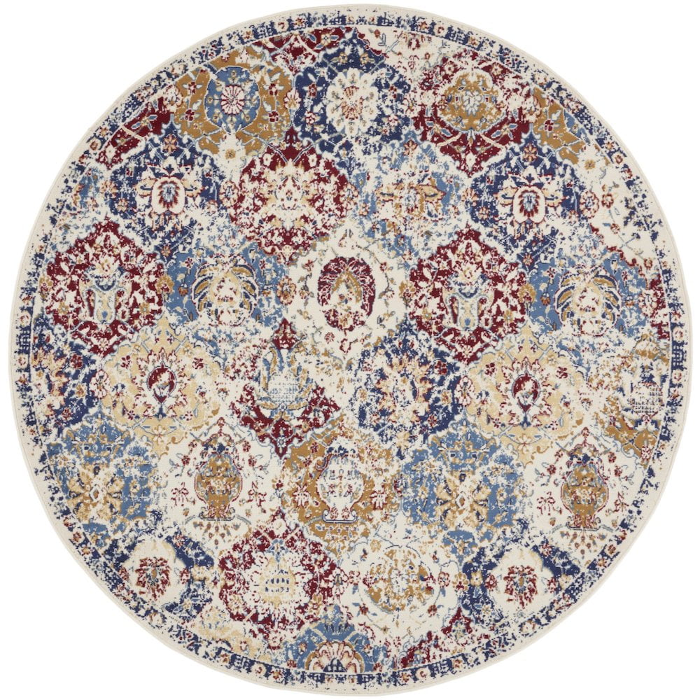 HomeRoots 8' Navy Blue Round Damask Power Loom Distressed Area Rug ...