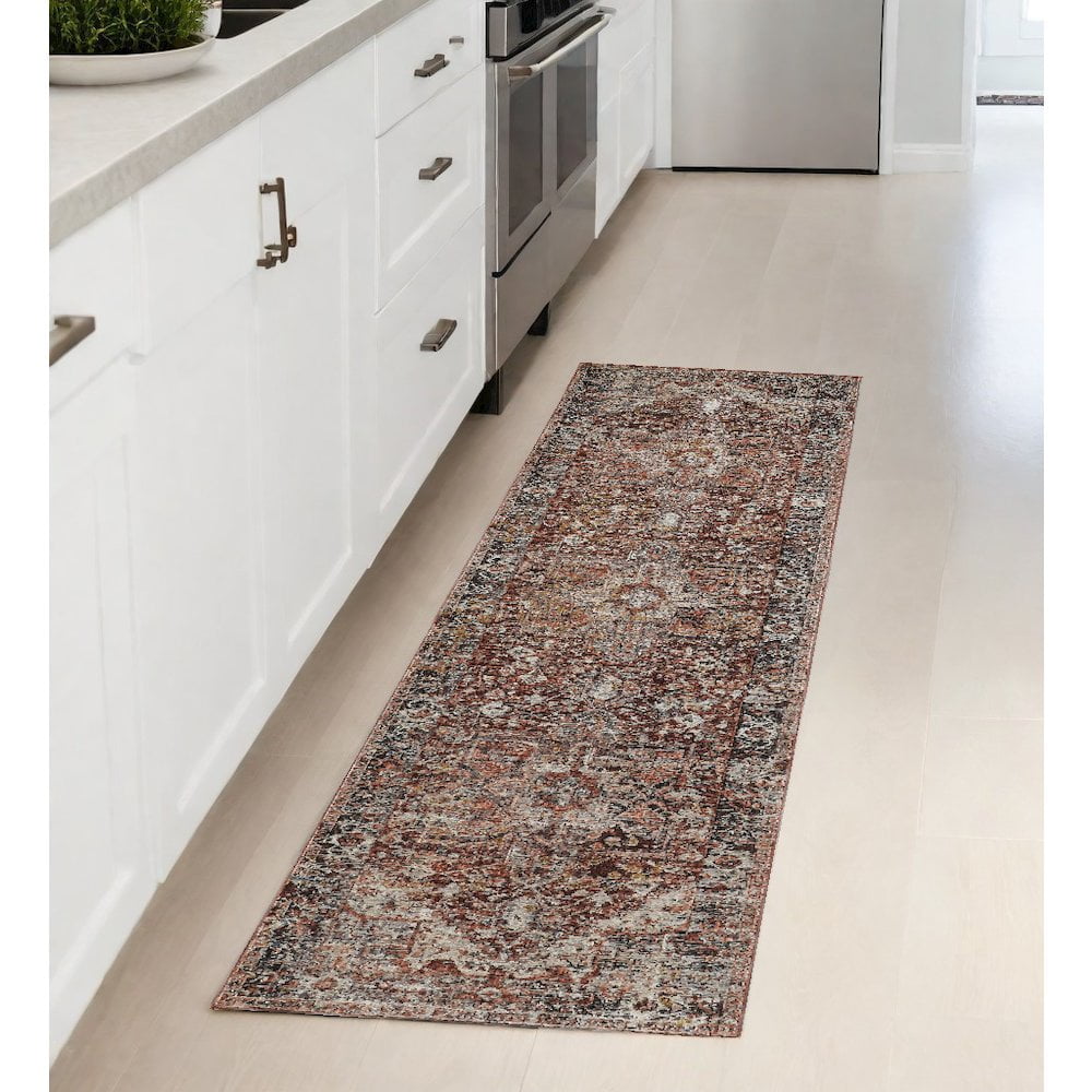 HomeRoots 8' Red Ivory And Black Abstract Distressed Runner Rug With ...