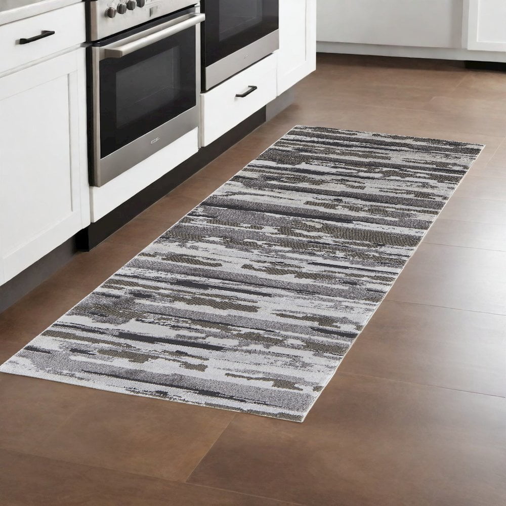 HomeRoots 8' Runner Gray And Ivory Abstract Power Loom Distressed ...