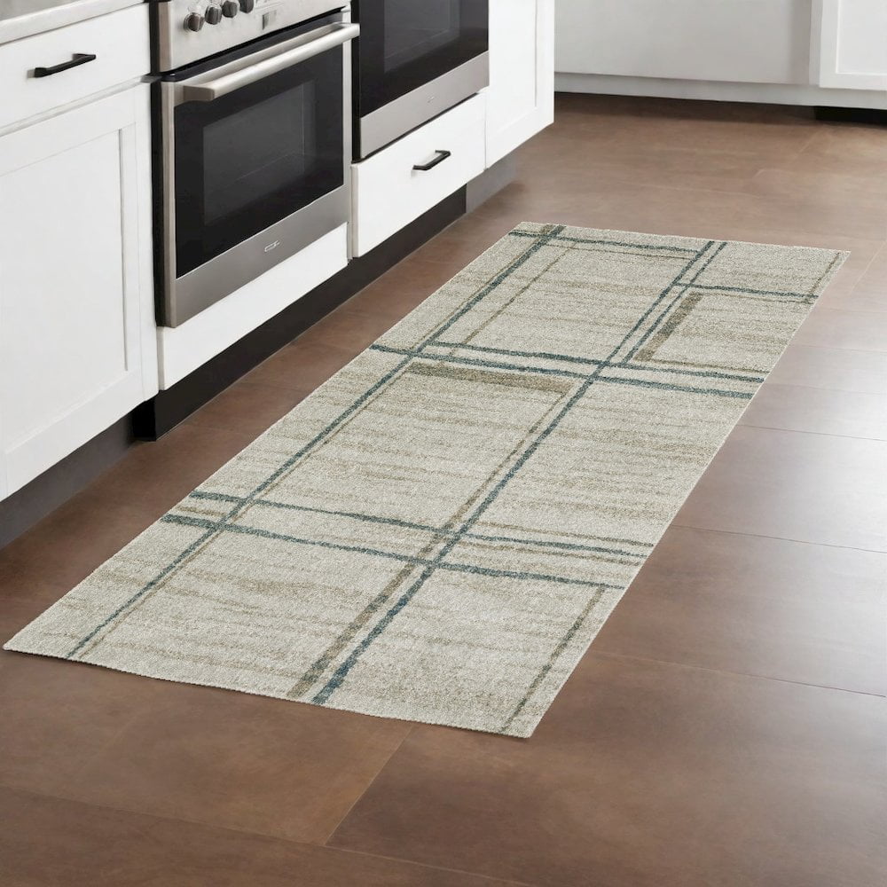2' X 8' Grey Teal Beige And Tan Geometric Power Loom Stain Resistant ...
