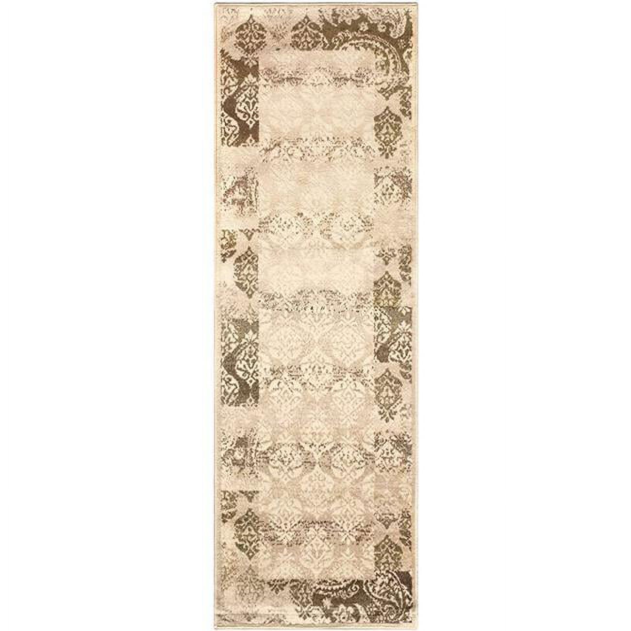 HomeRoots 8 ft. Beige Damask Power Loom Distressed Stain Resistant ...