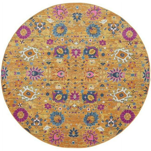 HomeRoots 8 ft. Gold Floral Power Loom Round Area Rug - Gold - 8 ft ...