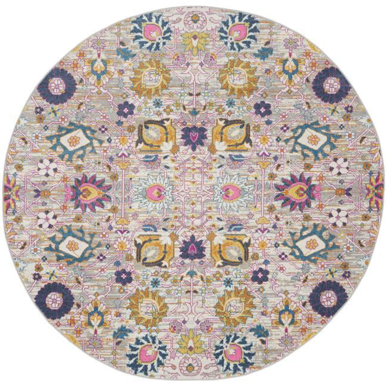 HomeRoots 8 ft. Gray Floral Power Loom Round Area Rug - Gray - 8 ft ...