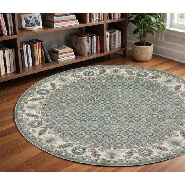 HomeRoots 576119 8 ft. Oriental Power Loom Round Rug, Blue & Ivory ...