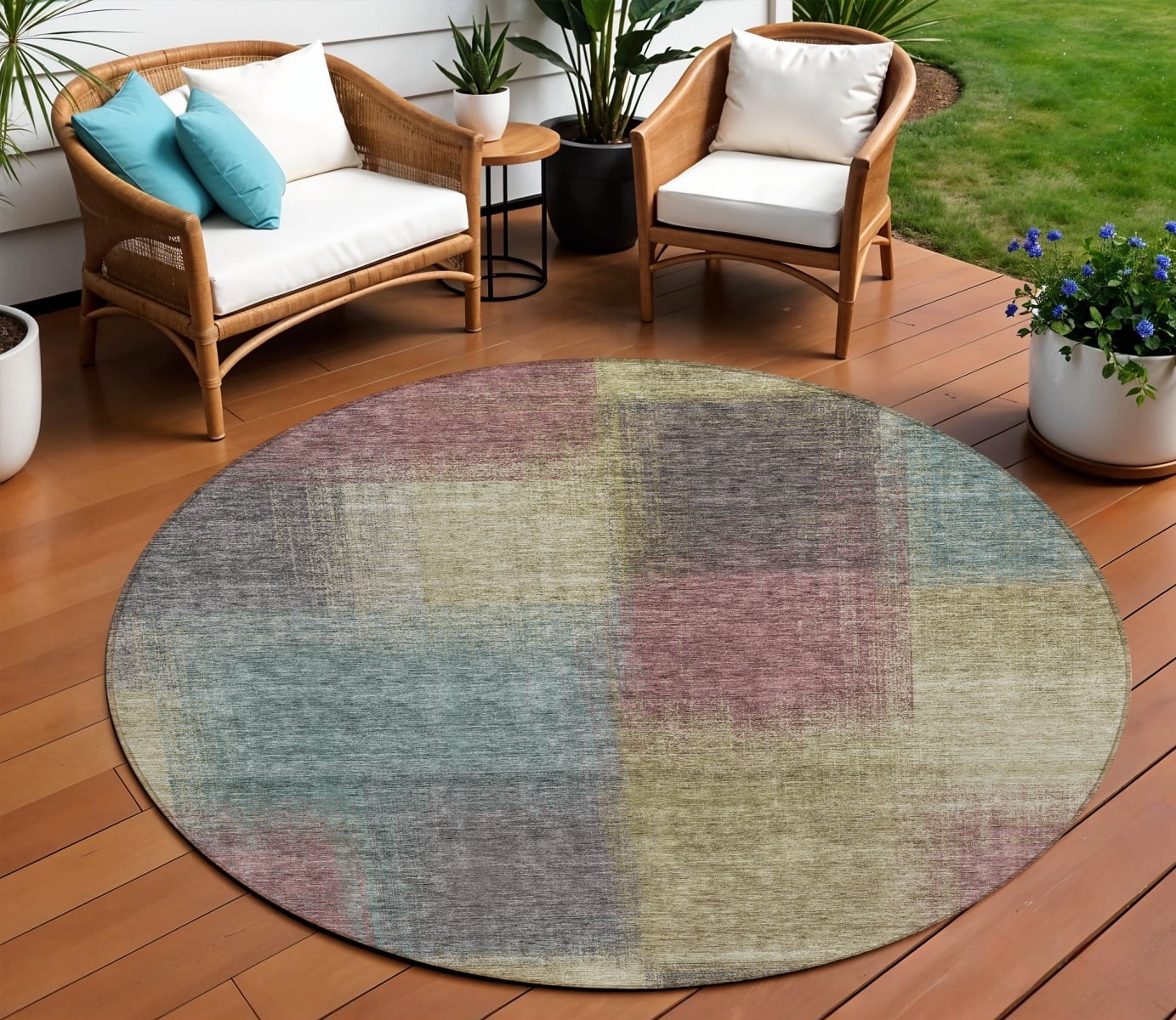 HomeRoots 584250 8 ft. Round Abstract Washable Indoor & Outdoor Area ...