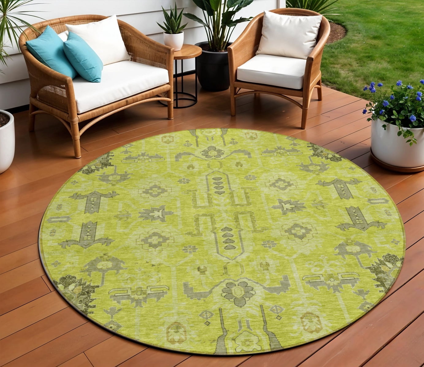 8' Artichoke Green And Fern Green Round Oriental Washable Indoor ...