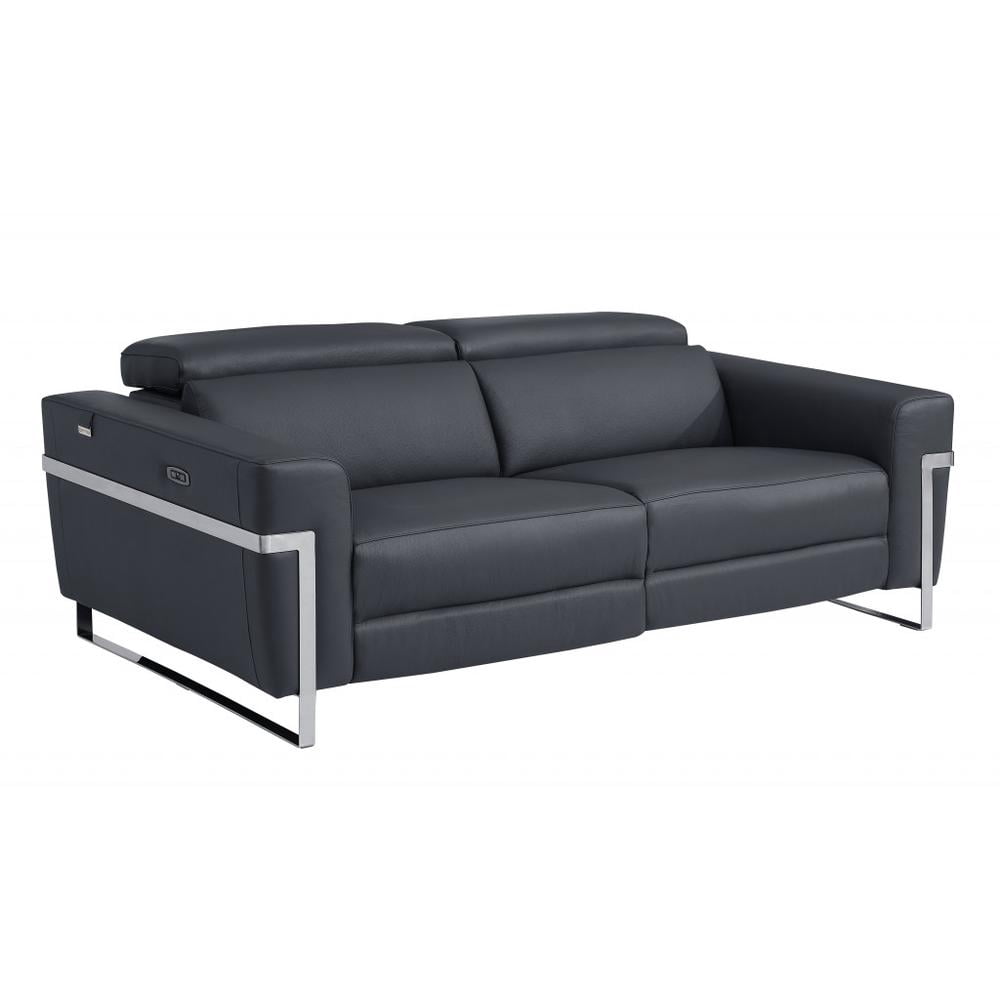 HomeRoots 83" Dark Gray And Silver Italian Leather Reclining USB Sofa ...